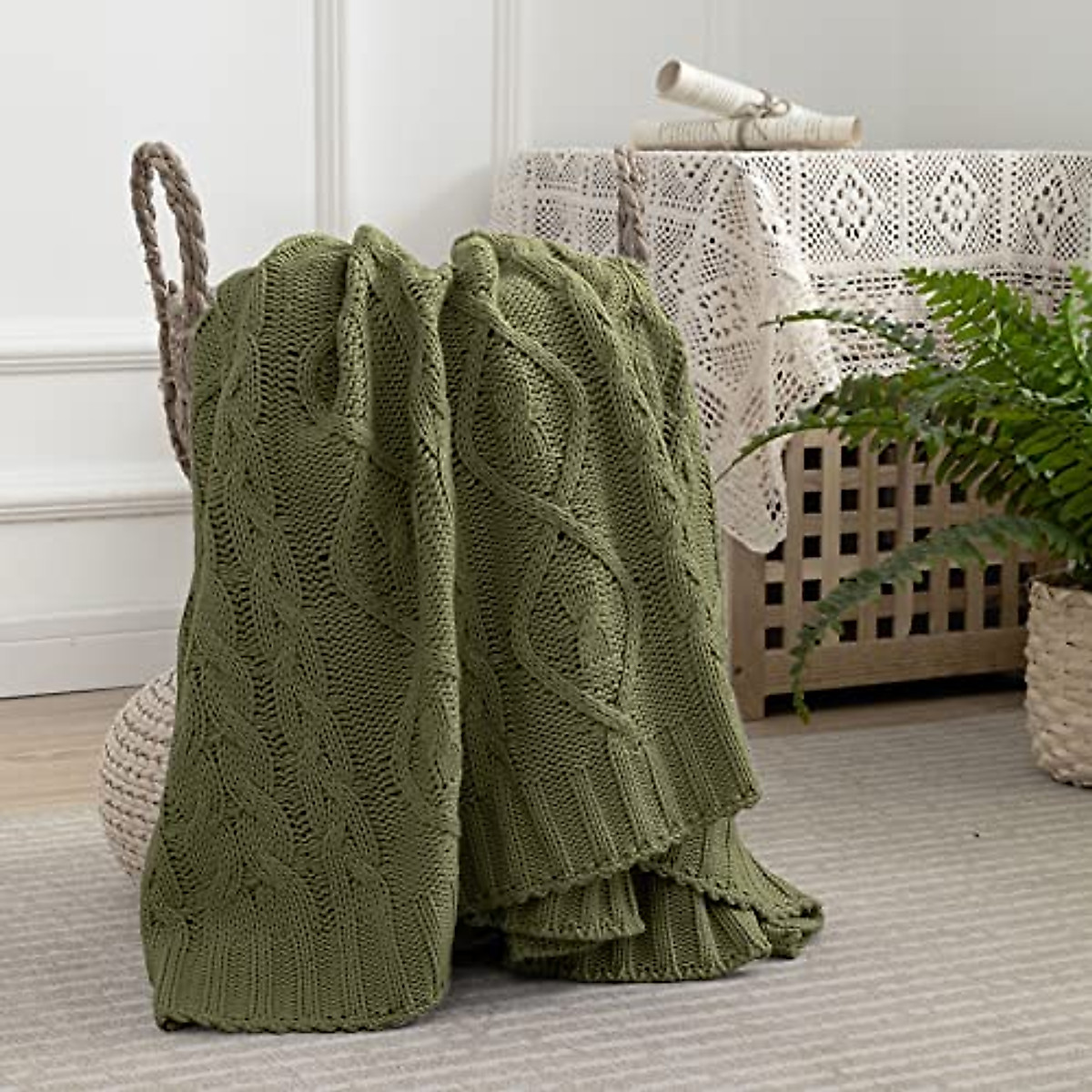 Milvowoc Olive Green Throw Blanket and Pillow Covers Set, 50" x 60" Cable Knit Throw Blanket + 2 Pieces 18" x 18" Knitted Throw Pillowscase, Decorative Throw Blankets Knitted Blanket for Sofa Couch