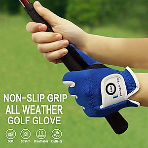 Golf Gloves Junior Kids Youth Toddler Boys Girls Left Hand Right Hand Dura Feel White Blue Red Yellow Golf Glove Extra Value 2 Pack Age 4-11 Years Old (Large(Age 7-8) Blue, Worn on Left Hand)