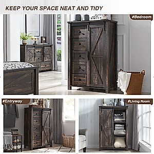 T4TREAM 5 Drawers Dresser for Bedroom w/Sliding Barn Door, Farmhouse Modern Tall Dresser 5 Chest of Drawers, Storage Organizer Dresser for Bedroom, Hallway, Living Room, Kids Room, Dark Rustic Oak