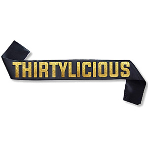 Thirtylicious Black and Gold Glitter Satin Sash - Happy 30th Birthday Party Supplies, Ideas and Decorations