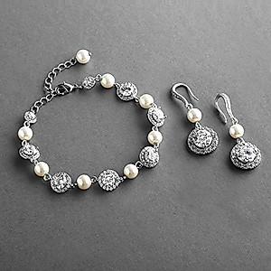 Mariell Ivory Pearl & Round CZ Bridal Bracelet & Earrings Set - Wedding Jewelry Sets for Bridesmaids