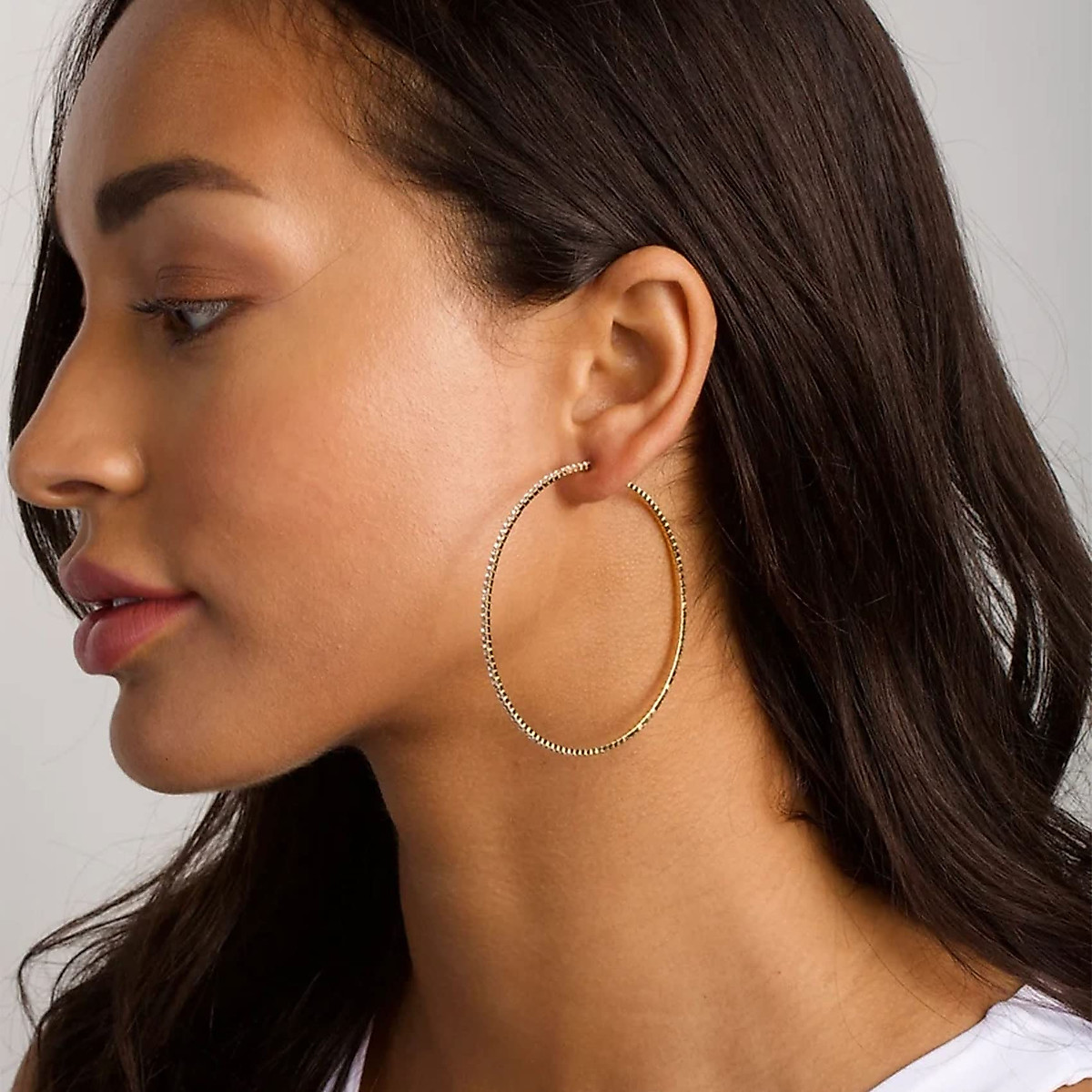 Gold Rhinestone Hoop Earrings Large Gold Hoop Earrings Cubic Zirconia Hoop Earrings Thin Rhinestones Round Hoop Earrings Women Big Gold Hoop Earrings Sparkly Hoop Earrings with Crystals for Womens