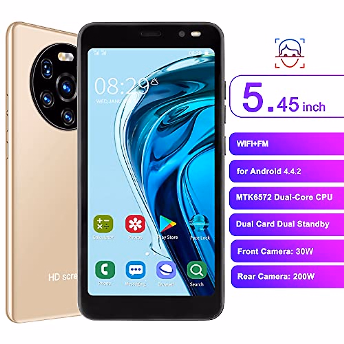 Unlocked Android Cell Phone Smartphone, 5.45in 512MB 4GB HD Screen Phone Dual Card Dual Standby Smart Phone (Gold)