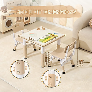 SINKIPA Kids Table and 2 Chairs Set, 23.6''L x 23.6''W Toddler Table and Chairs, Height Adjustable Kids Study Table for Ages 2-10, Graffiti Desktop Children Activity Table with Anti-Slip Foot Covers