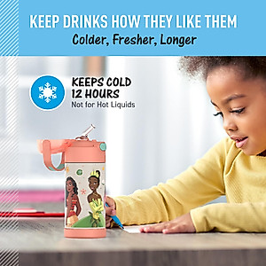 THERMOS FUNTAINER Water Bottle with Straw - 12 Ounce, Princesses - Kids Stainless Steel Vacuum Insulated Water Bottle with Lid