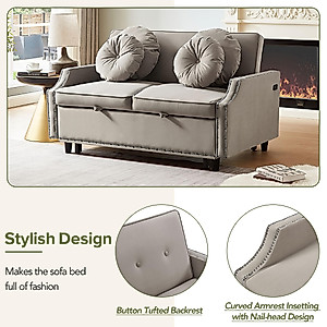 Merax 54.7" Loveseat Sofa Couch with Pull Out Bed, 3 in 1 Convertible Bella Fabric Sleeper Sofa Bed with Two USB Ports, and 2 Floral Lumbar Pillows for Apartment, Office, Living Room (Coffee)