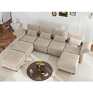 LLappuil 7 Seater Sectional Sofa Couch U Shaped Chenille Modular Sofa for Living Room with Ottoman, Adjustable Armrest/Backrest, 114.2" Width, Khaki