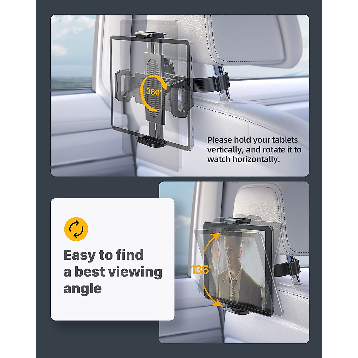LISEN Car Headrest Tablet Mount, 360 Rotatable, Easy Installation, 2X Stable Car Bracket, Compatible with 4.7-11" Devices