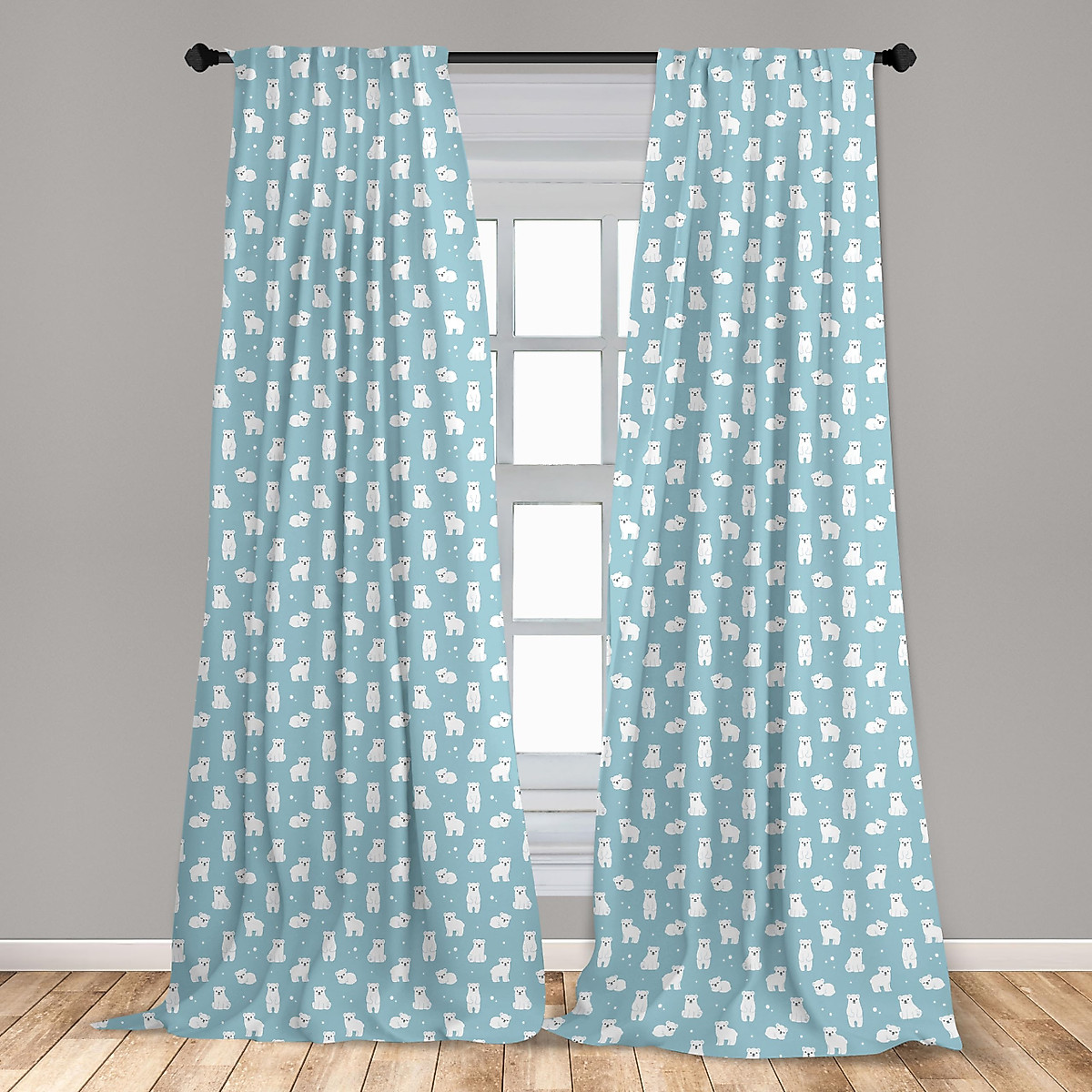 Ambesonne Bear Window Curtains, Cartoon Style Polar Bear Cubs on Sea Inspired Backdrop Arctic Wildlife, Lightweight Decor 2-Panel Set with Rod Pocket, Pair of - 28" x 63", Turquoise Blue