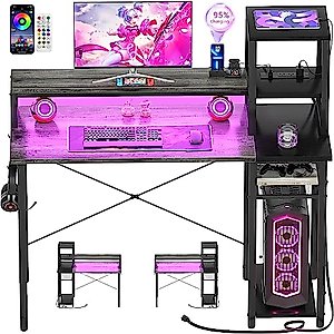armocity 2023 Upgrade Gaming Desk with LED Lights, Small Computer Desk with Long Monitor Stand, 40'' Reversible Laptop Table with Storage Shelves, Small Desk for Small Spaces, Gaming Room, Grey