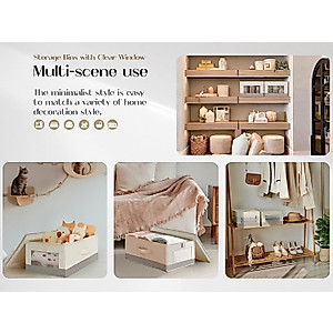 LoforHoney Home Fabric Storage Bins with Lids, Foldable Storage Baskets with Clear Window, Clothes Baskets with Durable Handles, Closet Storage Bins, Beige, 4-Pack