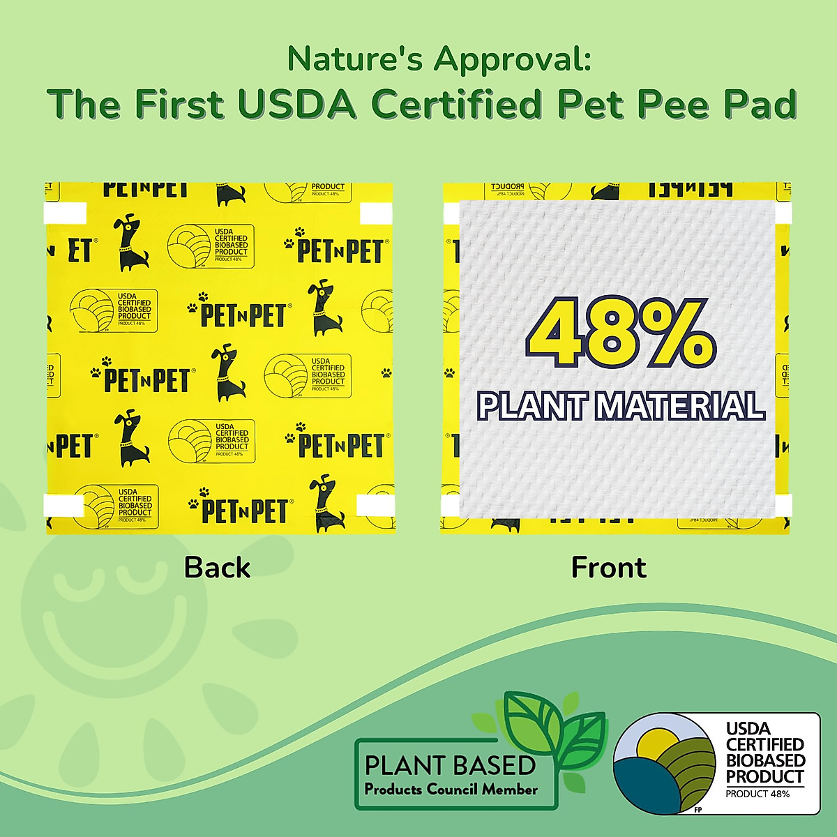 Pet N Pet Pee Pads for Dogs, 50 Counts Puppy Pads, 48% USDA Certified Plant Based Puppy Pee Pads, Unscented Dog Pad, Leak-Proof Training Pads for Dogs, Absorbent Dog Training Pads, Dog Pee Pads