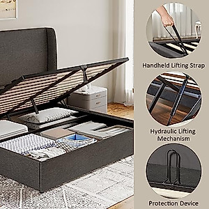 Jocisland Lift Up Storage Bed Queen Size Linen Upholstered Platform Bed Frame/Hydraulic Storage/Modern Wingback Headboard/No Box Spring Needed/Wood Slats Support/Dark Grey