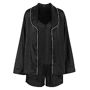 Womens Pajama Sets Silk Satin 3 Piece Sleepwear Cami Shorts and Long Sleeve Top Set Soft Comfy Loungewear, 3-black-imitation Silk-3pcs