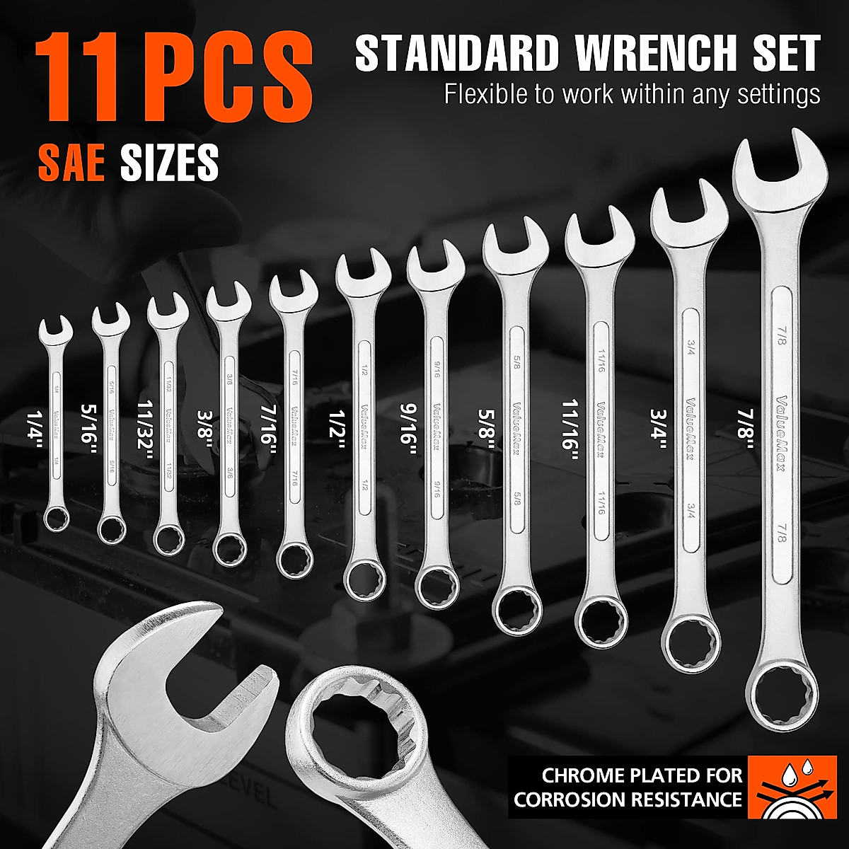ValueMax SAE Combination Wrench Set, 11PCS Mechanic Wrenches from 1/4" to 7/8" with Rack Organizer, Open End and 12-Point Box End Wrench Mechanic Set, For General Household, Car Emergency