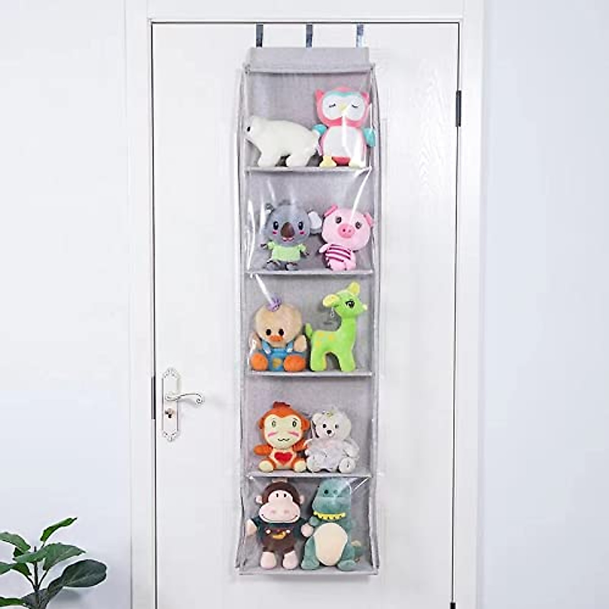 Stuffed Animal Storage, Hanging Over The Door Stuffed Animal Organizer with 5 Clear Dust-Proof Pocket Organizer for Display Kid's Toys.(Light Gray)