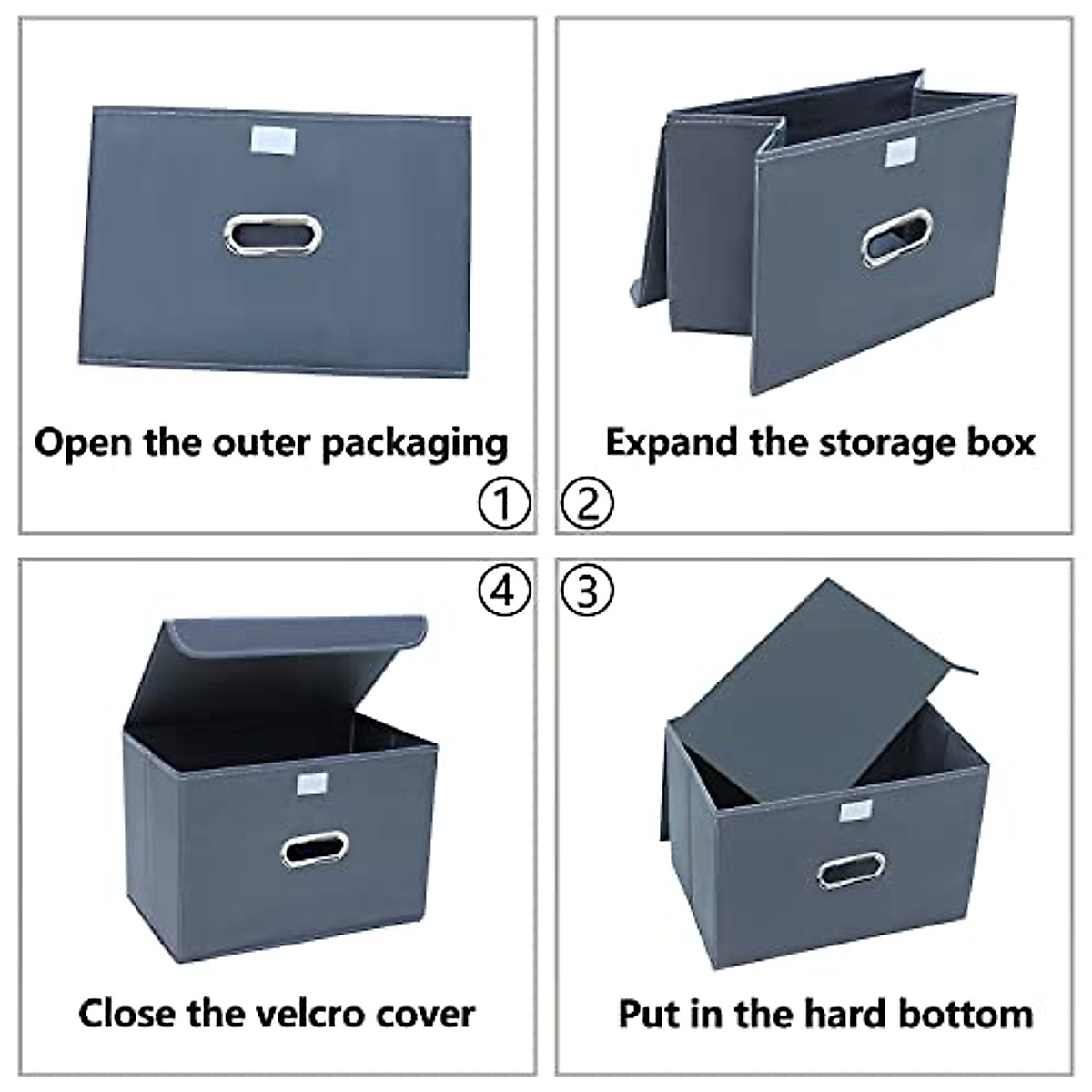 SEVENDOME Linen Fabric Foldable Collapsible Storage Cube Bin Organizer Basket with Lid, Leather Handles, Removable Divider for Home, Closet (Grey, 3Pcs)