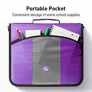 Kinbashi 3-Inch Zipper Binder, Round Ring Binder with Expanding Files, Handle and Shoulder Strap, Violet