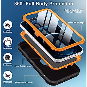 Aimoll-88 iPhone 12 Pro Max Case, Built-in Screen Protector, Heavy Duty Drop & Shockproof, Dust-Proof, Rugged Full Body Cover (Black/Orange)