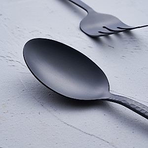 Matte Black Large Serving Utensil Set, FULLYWARE Stainless Steel Large Hostess Serving Set, include Serving Spoon, Slotted Serving Spoon, Serving Fork, Pie Server and Butter Knife, 5-piece