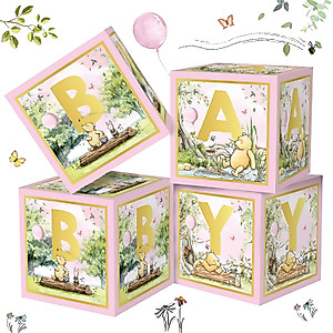 Pink Classic Winnie Baby Shower Box for Newborn Baby Girl Boy Kids Child Vintage Bear 1st Party Decorations the Pooh Theme Boxes Block Supplies for Baby First Birthday Cake Smash Favor