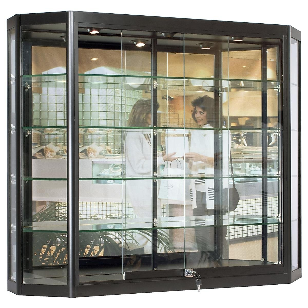 Displays2go Black Glass Wall Hanging Store Case, Aluminum, Tempered Glass Shelves – Black (WC4712LEDB)