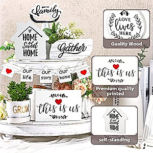 10 Pieces Farmhouse Tiered Tray Decor Wooden Rustic Decorations Home Sweet Home Family Gather Love Wood Block Our Life Our Story Table Signs for Farmhouse Home Kitchen Shelf Coffee(Classic)