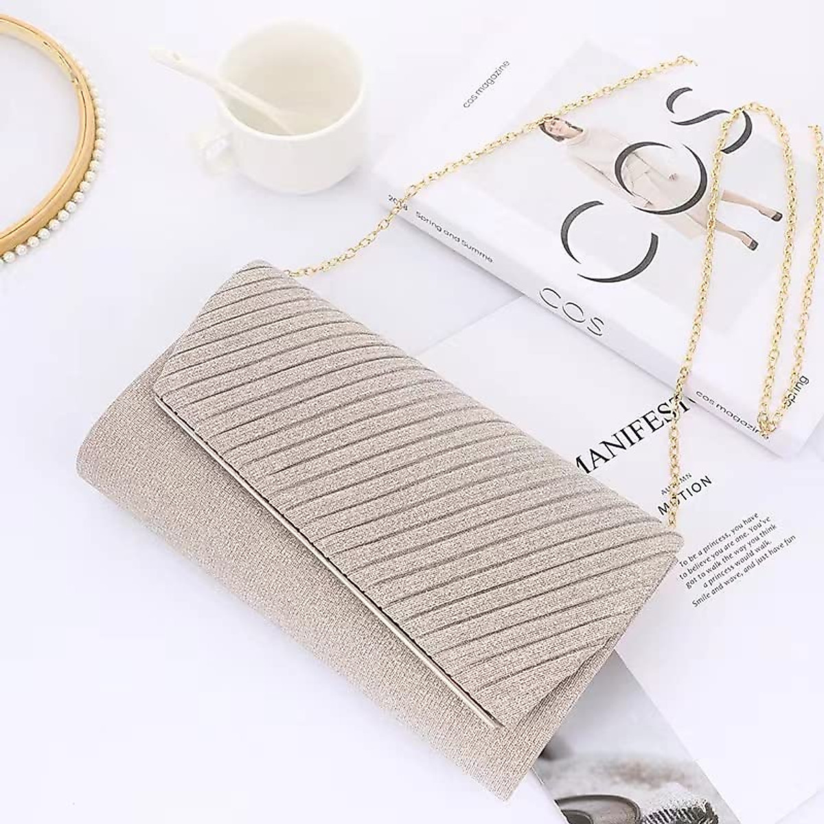 NC ZHANNI Shiny Clutch Purses for Women Evening Bags and Cluthes Flap Envelope Handbags Formal Wedding Party Prom Purse (Beige)