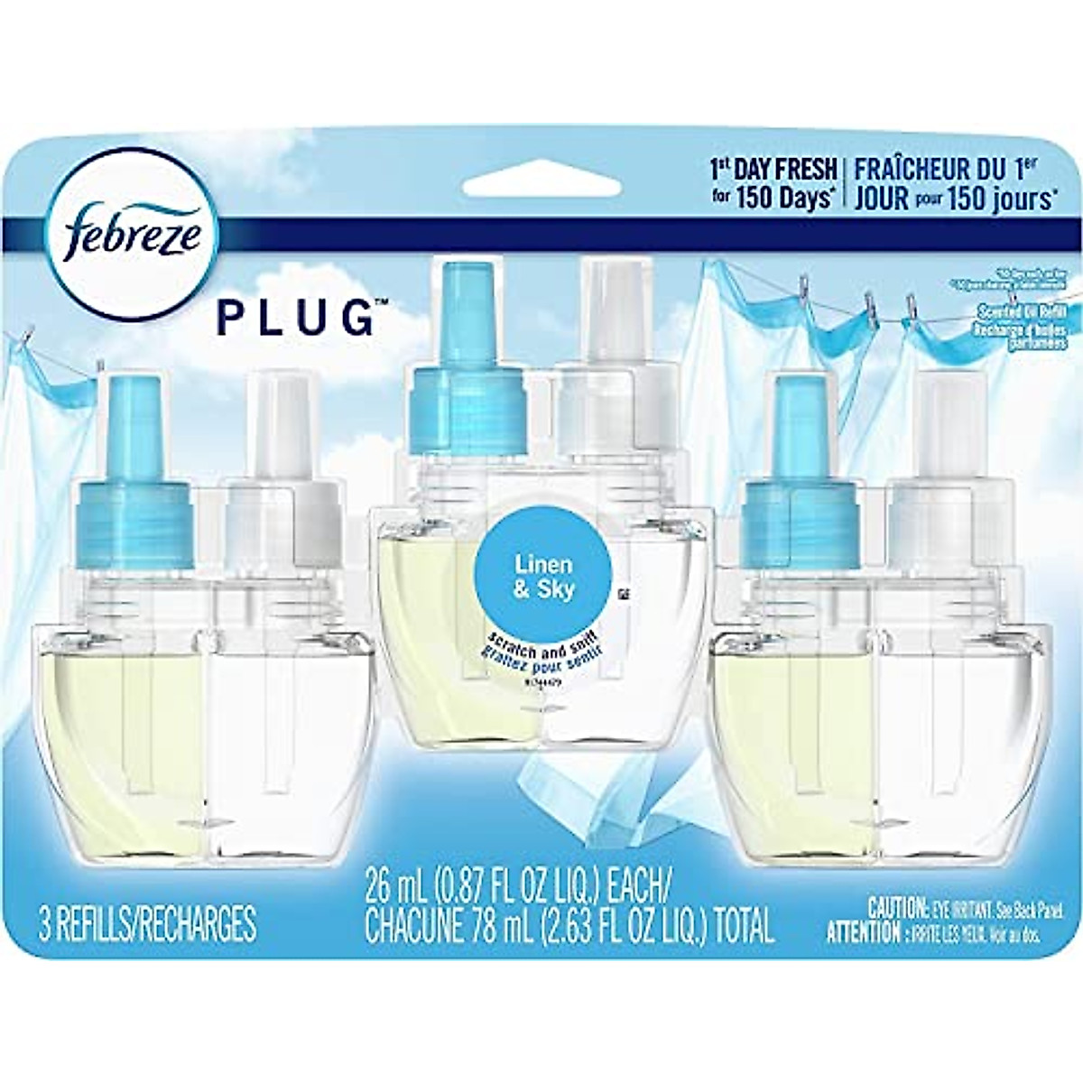Febreze Odor-Fighting Fade Defy PLUG Air Freshener Refill, Linen & Sky, (3) .87 fl. oz. Oil Refills