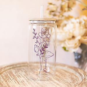 Iced Coffee Glass Cup with Bamboo Lid and Straw - Personalized Birth Month Flower and Name - Gift for Her Birthday, Mothers Day Gift, Christmas, Bridesmaid Gift Ideas