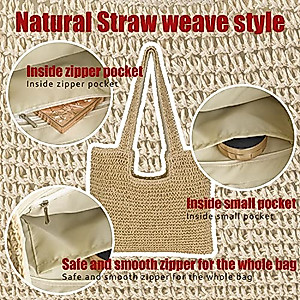 Finnhomy Handmade Straw Beach Bag Large Capacity Women Woven Tote Bag Super light Hobo Bag Shoulder Bag for Beach Picnic Summer Vacation, Beige