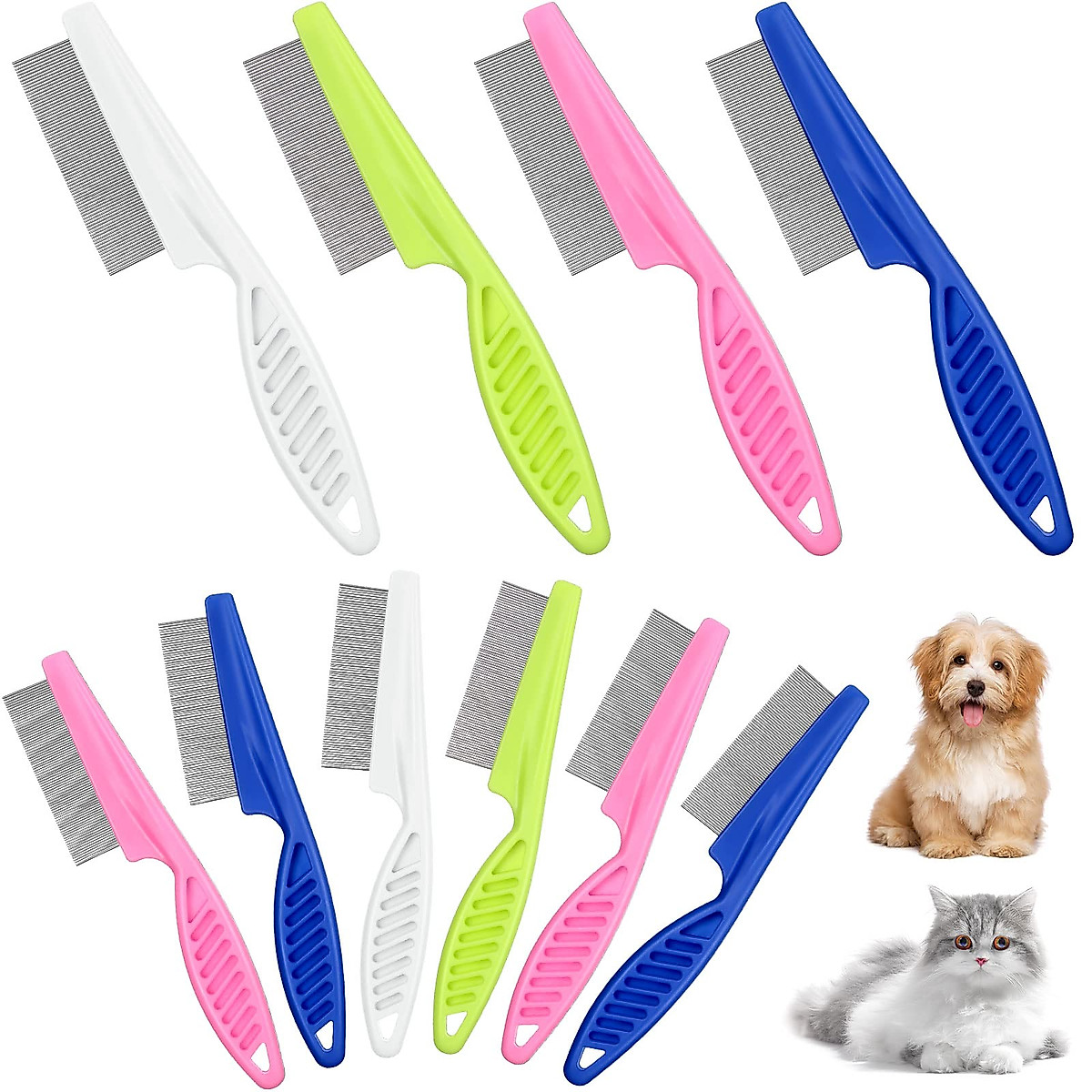 10 Pcs Flea Comb for Dogs and Cats Flea Remover Tool with Stainless Steel Metal Teeth for Detangling Grooming Kit, Pink, Blue, White and Green, 2 Sizes