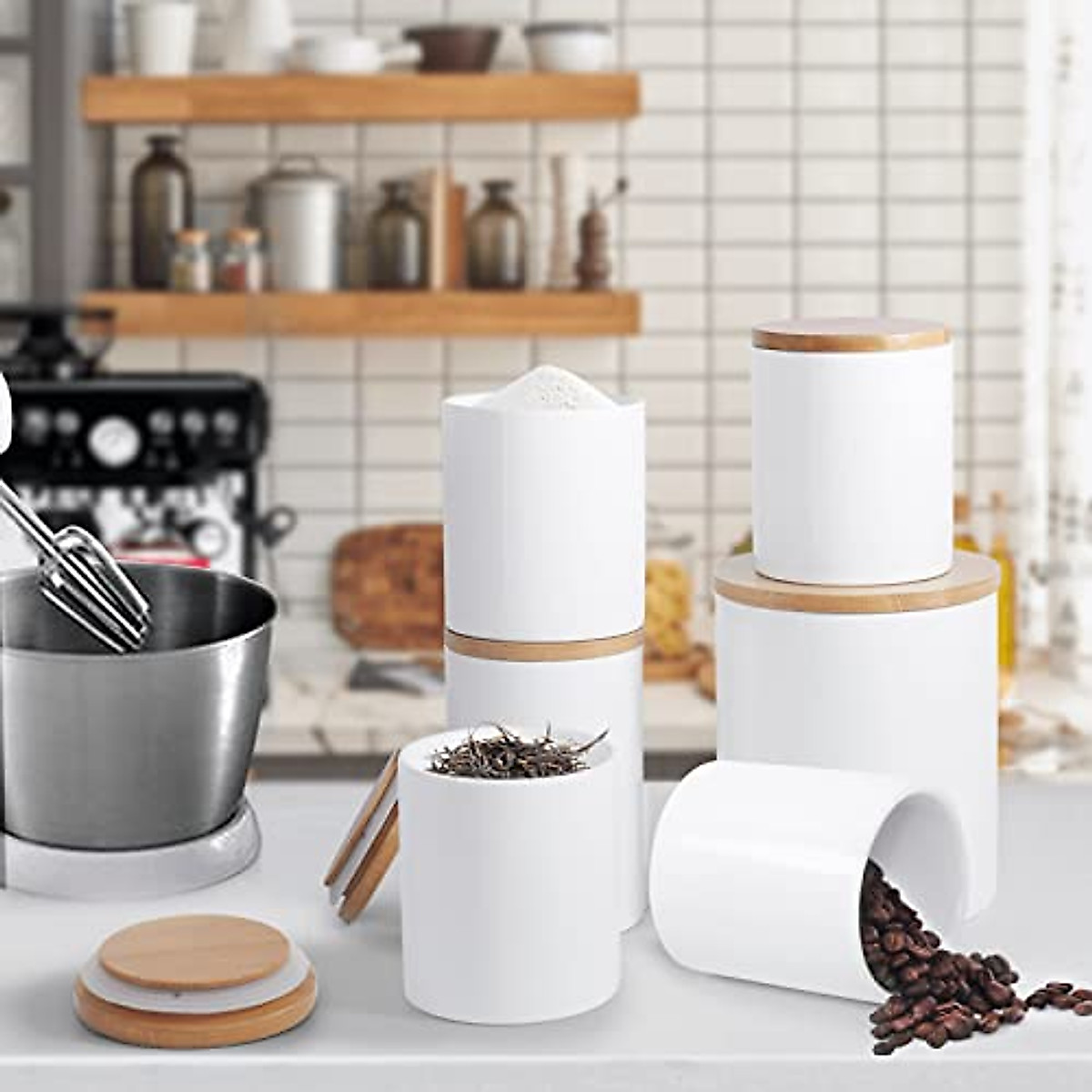 77L Food Storage Jar, 10.13 FL OZ (300 ML), Ceramic Food Storage Jar with Airtight Seal Bamboo Lid - Modern Design White Ceramic Food Storage Canister for Serving Tea, Coffee, Spice and More