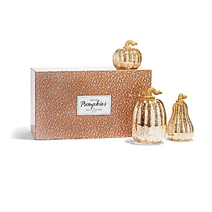 LampLust Gold Glass Pumpkin with Lights - Set of 3, Mercury Glass Style, Batteries Included, Thanksgiving Harvest Decorations, Timer, LED Lighted Gold Pumpkins for Decorating Fall Decor