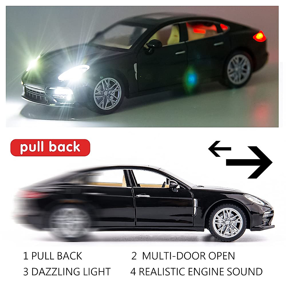 BDTCTK 1/24 Palamera Model Car Toy, Zinc Alloy Pull Back Toy car with Sound and Light for Kids Boy Girl Gift (Black)