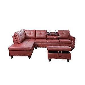 EZLUX Red Faux Synthetic Leather Left Chaise Sectional Sofa Couch Set with Storage Ottoman and Cup Holder for Living Room, Onesize