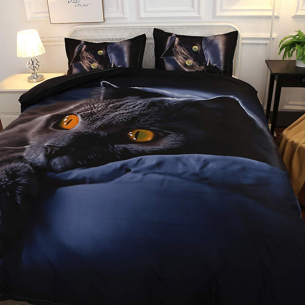 Heave 4Piece Dark Night Black Cat King Duvet Cover Set 3D Oil Animal Printed Bedding Queen Size Comforter Quilt Cover with 1 Flat Sheet and 2 Pillowcase