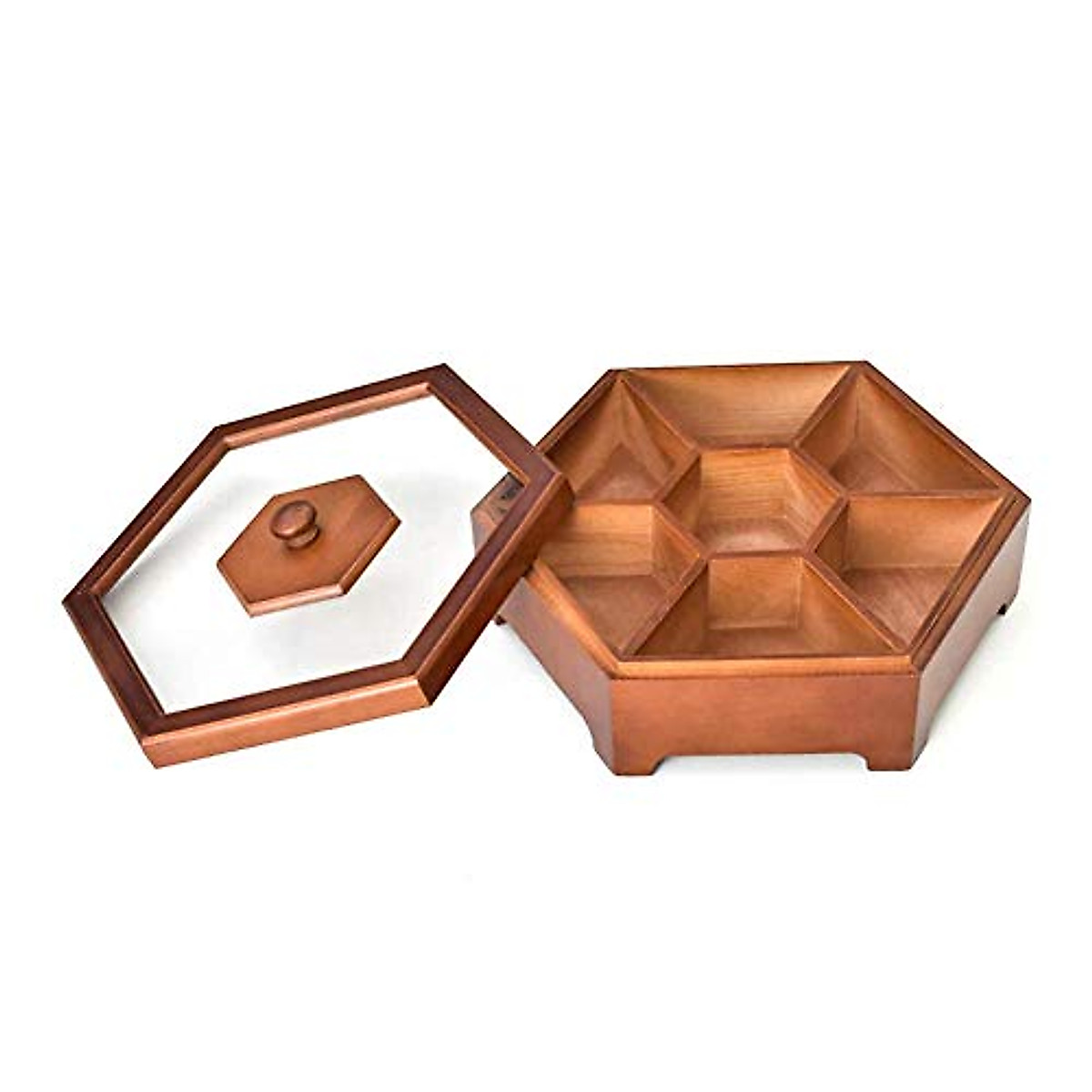 Wooden Dried Fruit Box, Multifunction Snack Storage Container Sectional Tray with Clear Window on the Lid, 7 Compartments Party Serving Platter for Candy/Nut/Sweets Cookies