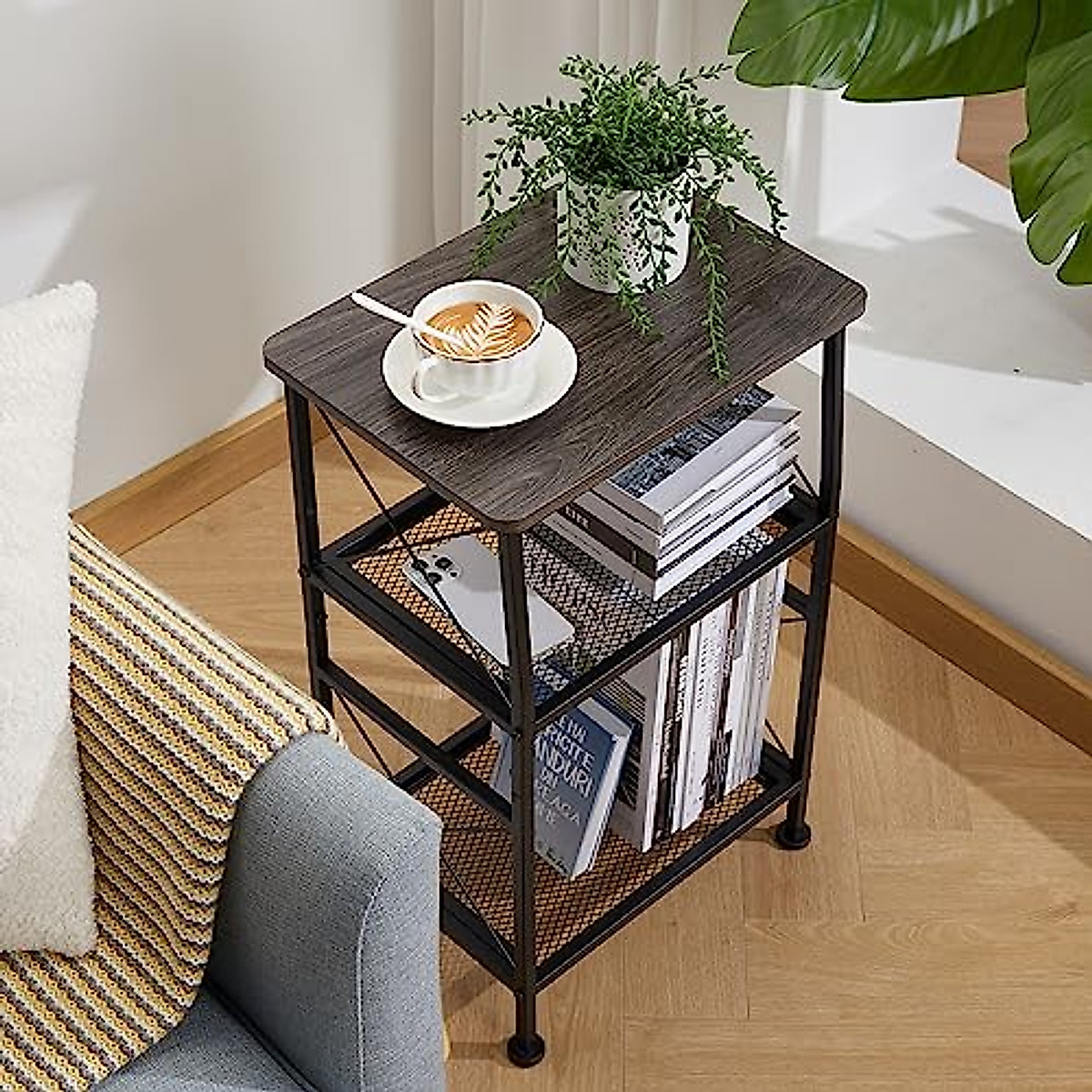 ruboka 3-Tier Small End Tables,Narrow Side Table with Steel Grid Storage Shelves,Slim Nightstand X-Design Sofa Side Table Small Bookshelf Bookcase,Display Rack for Living Room,Bedroom (Grey)