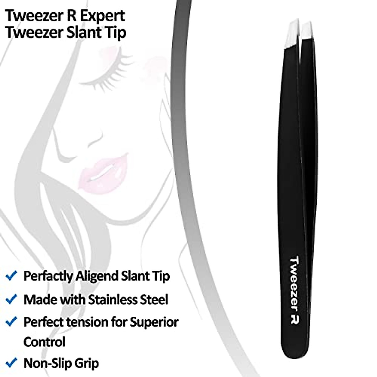 RUBEXX Precision Eyebrow Tweezers for Women Men Professional Stainless Steel Slant Tip Tweezers for Plucking Chin Facial Ingrown Hair Removal Anti Slip