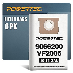 POWERTEC Shop Vacuum Bags 6PK for Shop Vac Type F 90662, Type I 90672, VF2005/ Craftsman CMXZVBE3877, CMXZVBE38768/ Vacmaster VHBL VDBL 10-14 Gallon Vacuum Bag, High Efficiency Shop Vacuum Filter Bags