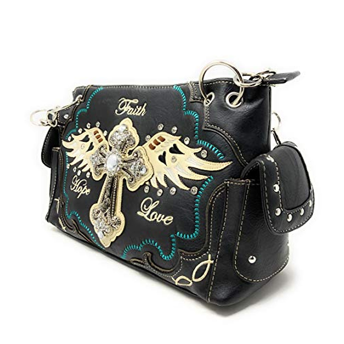 Western Women's Concealed Carry Angel Wings Cross Faith Hope Love Western Handbag Tote Purse in 3 Colors (Black Handbag Only)