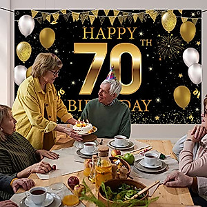 70th Birthday Party Decorations Backdrop Banner, Black Gold Happy 70th Birthday Decorations for Men Women, 70 Years Old Birthday Photo Booth Props, 70 Birthday Sign for Outdoor Indoor, Fabric Vicycaty