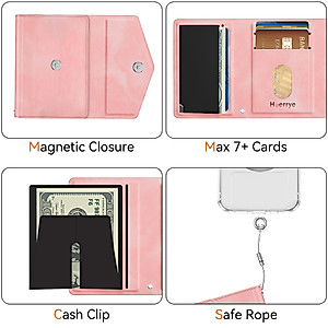 Hoerrye Magnetic Phone Wallet,3 Card Holder Hold Up to 7 Cards [Safe Rope] [Cash Clip] [RFID Blocking Protection] Magsafe Leather Wallet for iPhone 12/13/14 Series, Pink