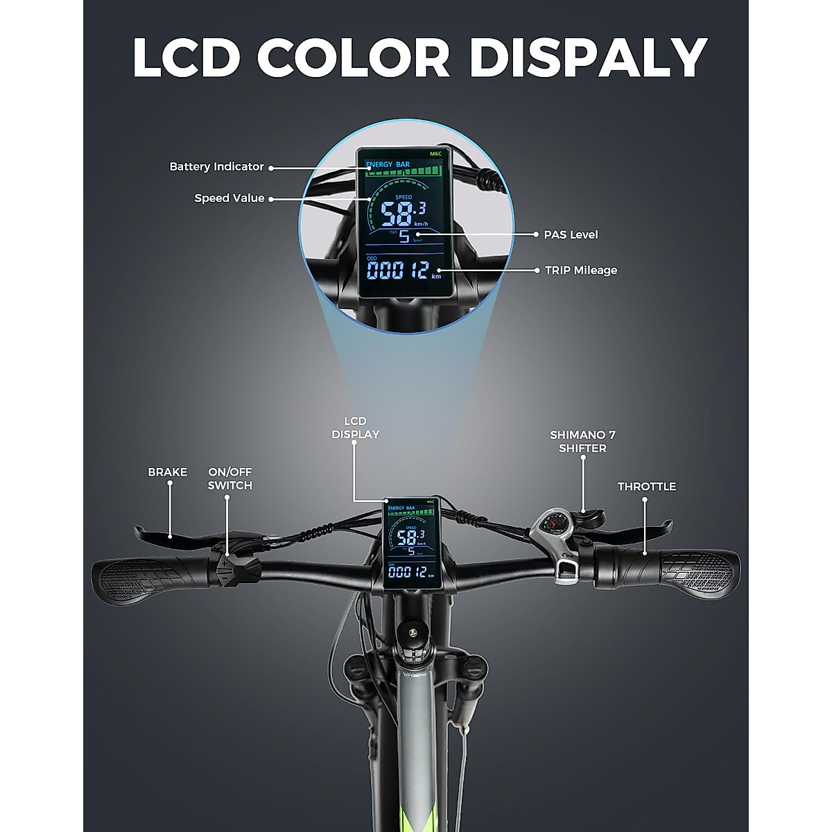 Mukkpet Suburban Electric Bike for Adults 500W Electric Mountain Bikes 26'' * 4.0 All Terrain Tire Electric Bicycle 48V 13AH BMS Removable Lithium Battery Shimano 7-Speed Electric Bike