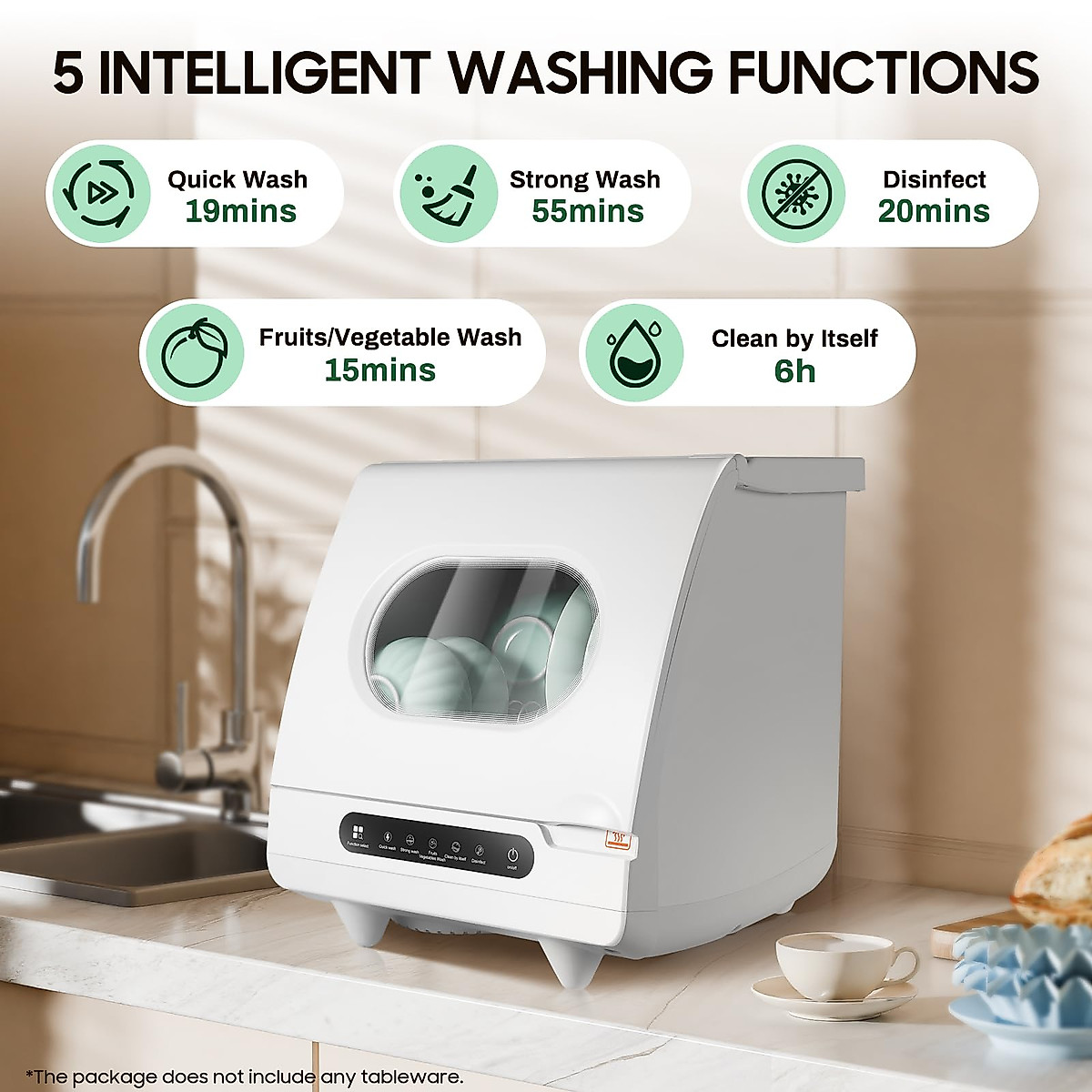 1200W Portable Countertop Dishwasher, 5 Wash Programs Mini Countertop Dishwasher with Water Tank, 360° Spray Arms Intelligent Cutlery Helper for Apartment Kitchen RV Office