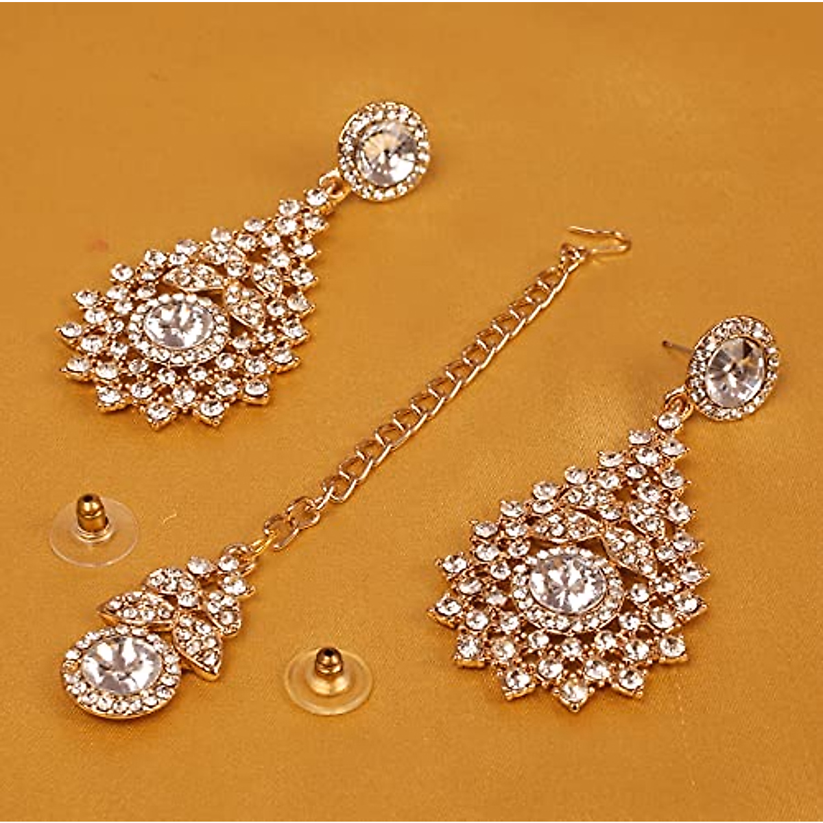 NEW! Touchstone Indian Bollywood Exotic Petals Studded Diamond Look Sparkling Rhinestone Designer Jewelry Chandelier Earrings Mangtika Head Accessory Combo In Gold Tone For Women.