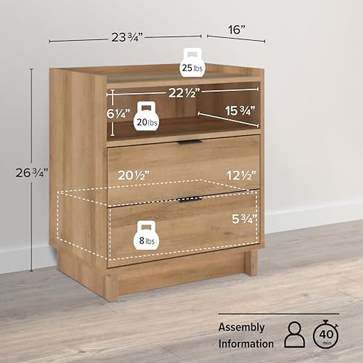 Prepac Simply Modern Nightstand Bedside Table, Natural Oak Nightstand for Bedroom, End Table with 2 Drawers and Open Shelf 23.75" W x 26.75" H x 16" D