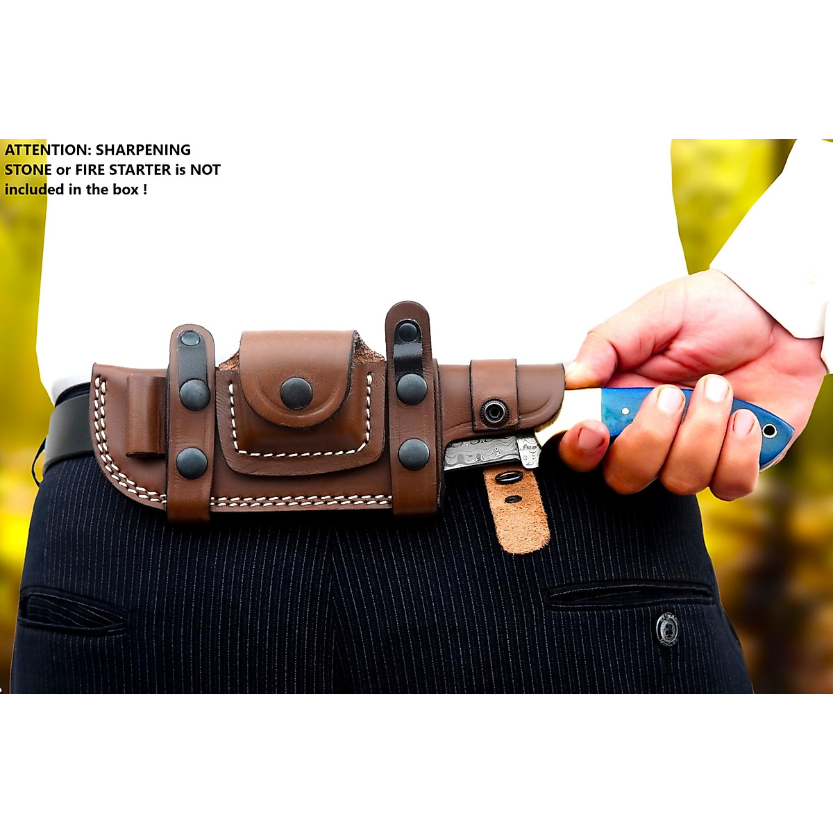 Ottoza Tracker Knife & Bone Handle - Damascus Hunting Knife - Horizontal Carry Knife Sheath 198