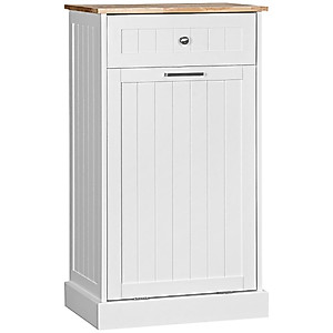 HomVent Wooden Pull Out Trash Can Cabinet, Tilt Out Free Standing Recycling Cabinet for Kitchen, Kitchen Hideaway Trash Can Cabinet with Drawer (White)
